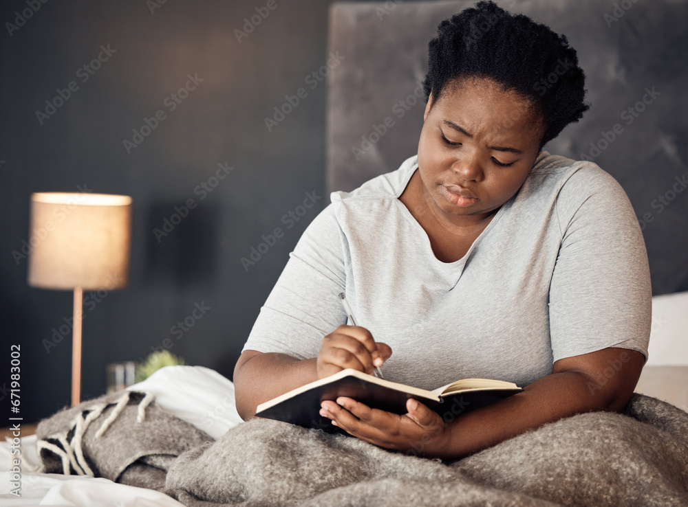 Bedroom, diary and black woman with depression, writing and stress ...