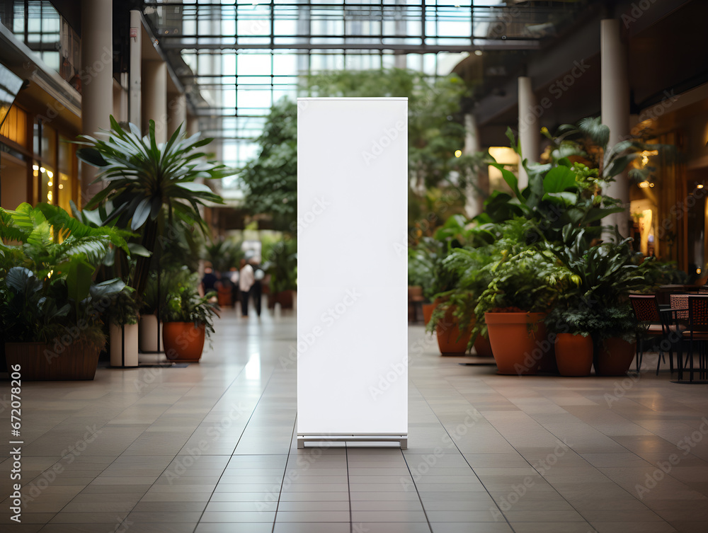 roll up mockup poster stand in an shopping center or mall environment ...