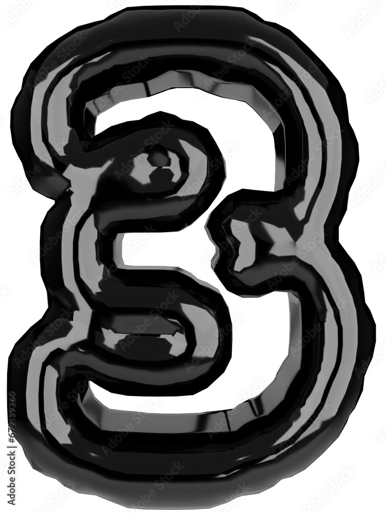 Inflated glossy black mathematics 3 symbol illustration. 3D render of ...