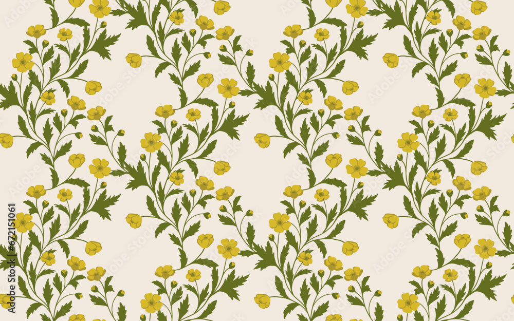 Seamless background with yellow buttercup flowers ans green leaf ...