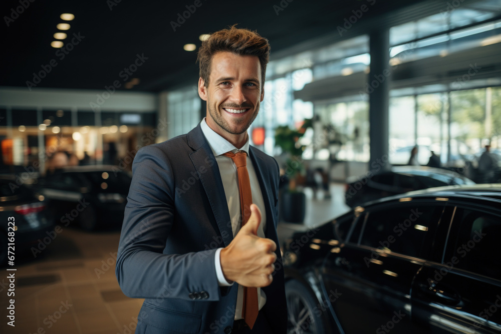 Friendly professional car seller dressed in suit in car salon showroom ...