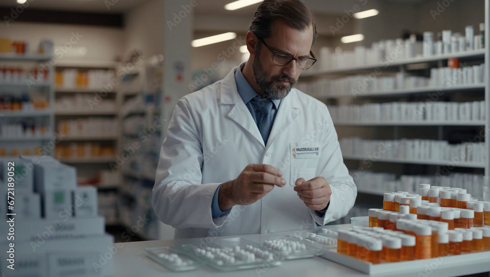 A pharmacist employee spends working hours in a pharmacy, sorting ...