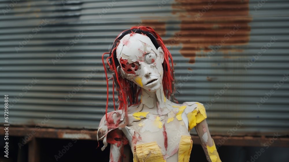 Cyberpunk slum junkyard cyber female robot, imperfect and expired scrap ...