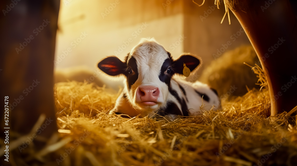 Сute young calf lies in straw. Calf lying in straw inside dairy farm in ...