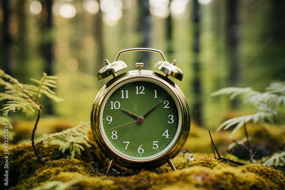World earth hour, alarm clock stands in the forest, turn off lights ...
