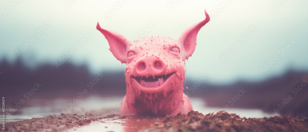 Bizarre pink silicone pig toy in dripping wet and submerged in mud pool ...
