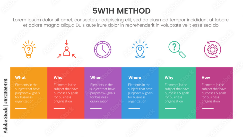 5W1H problem solving method infographic 6 point stage template with box ...