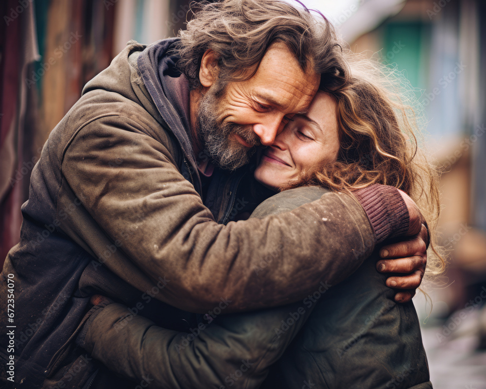 An emotional hug of two homeless. Couples have only each other. Happy ...