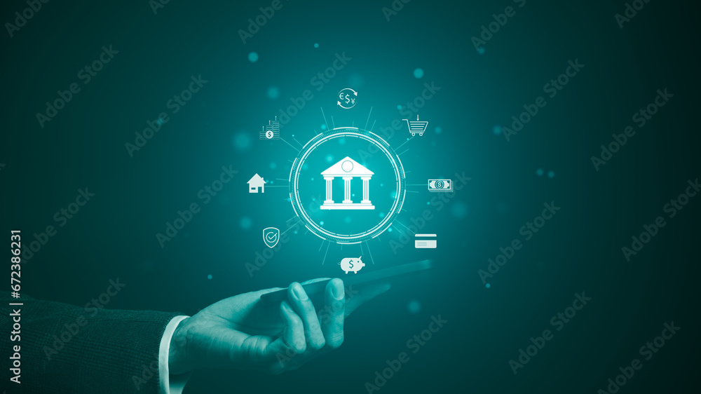 The concept of using digital technology for online banking. Businessman ...