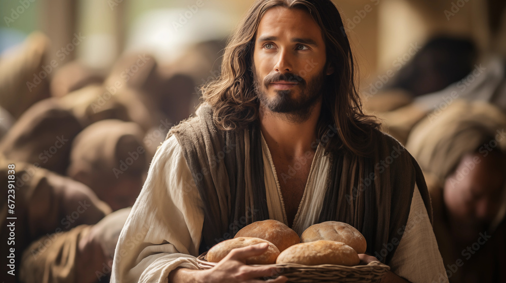 Jesus feeding the 5000 with five loaves and two fish, Life of Jesus ...