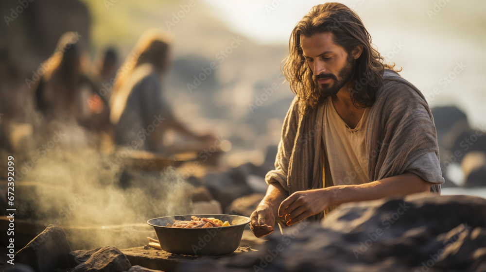 Jesus cooking fish for the disciples on the shore of the Sea of Galilee ...