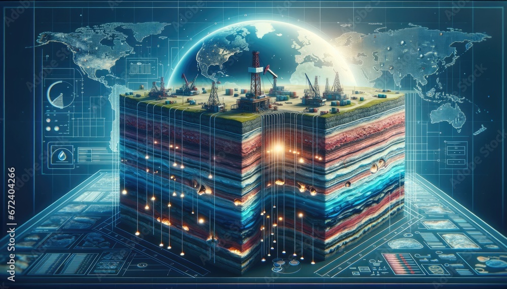 Detailed cross-section showcases geological strata, illuminated oil ...