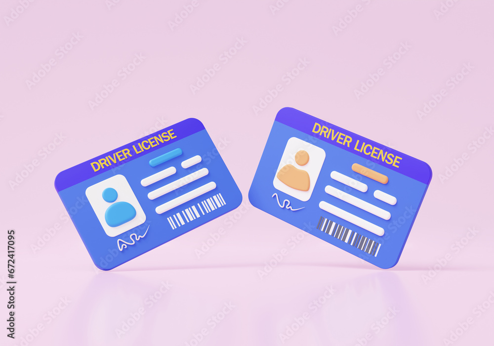 Driver license Id card man and woman floating on pink background ...