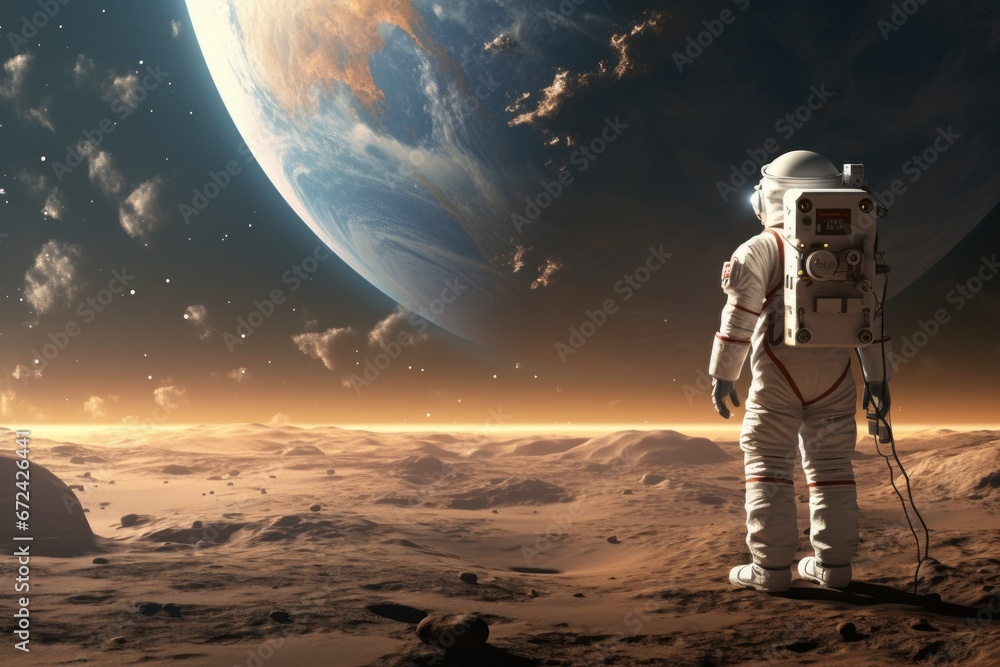 astronaut in spacesuit explores the surface of moon.land.orbital ...