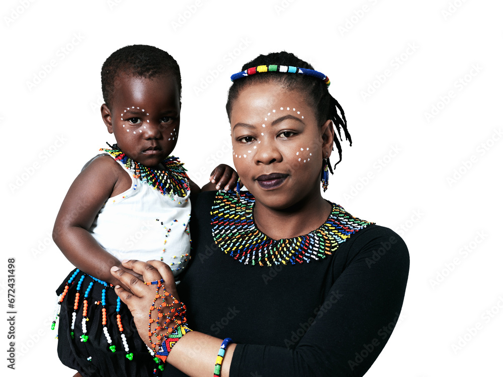African mom, child and culture portrait for fashion and traditional ...