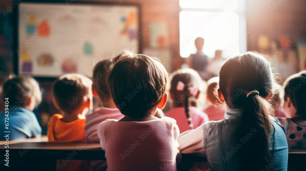 Group of school kids classmates sitting and listening to teacher in ...