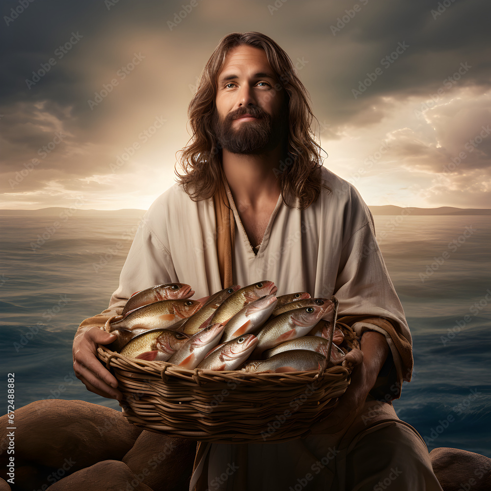 Jesus Christ feeding 5,000 people with fish and bread as described in ...
