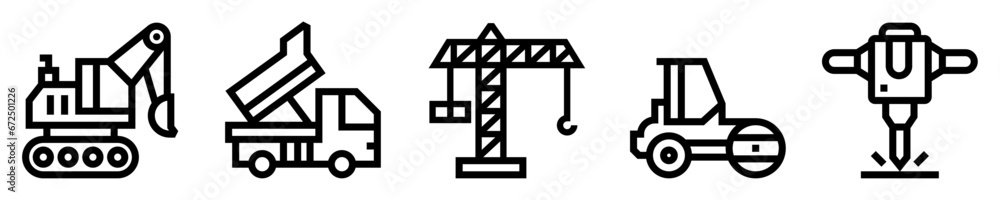 Conjunto de iconos de vehículos de construcción. Maquinaria. Excavadora ...