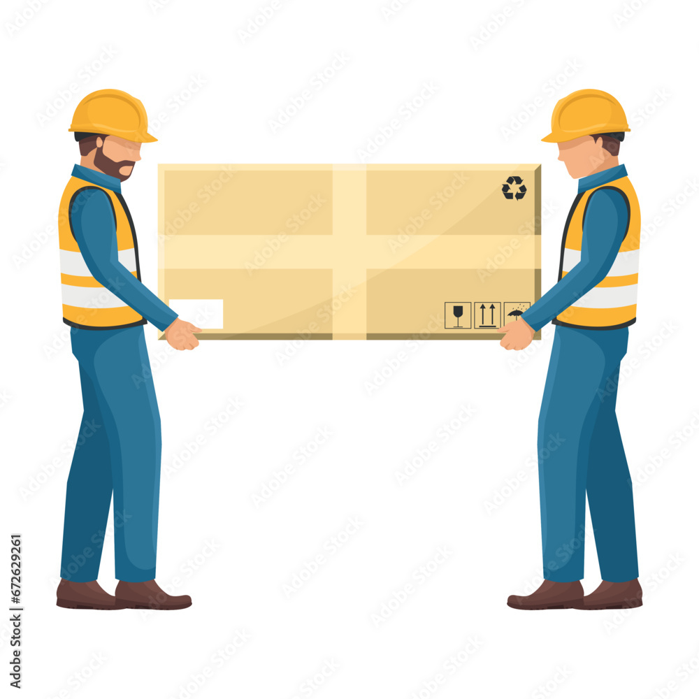 Industrial delivery workers carrying a box for shipping. Security First ...