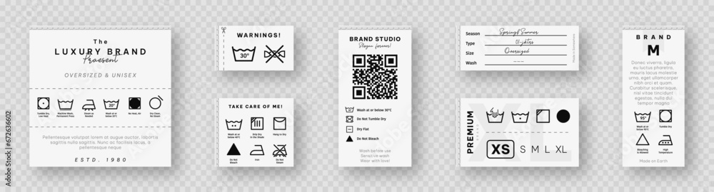 Laundry label collection with care symbols and washing instructions ...