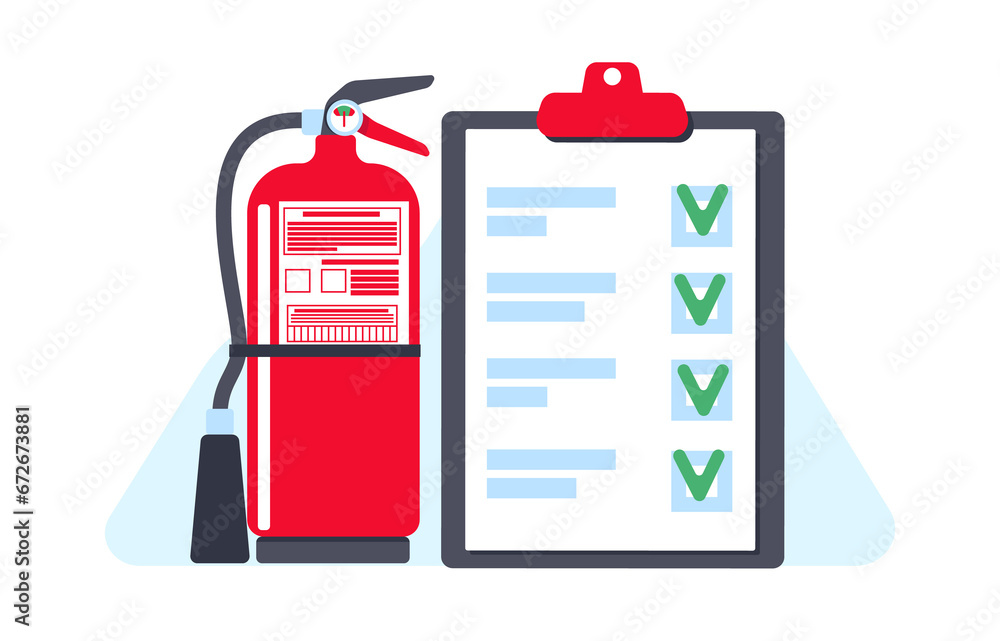 Fire fighting checklist. Extinguisher and paper tablet with checkmarks ...