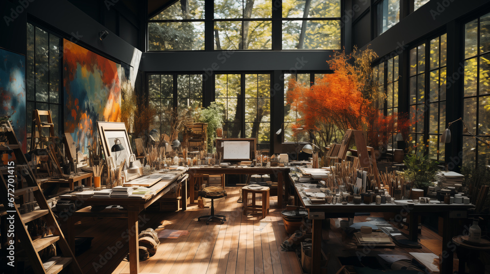 Beautiful house interior design painting studio room with watercolor ...