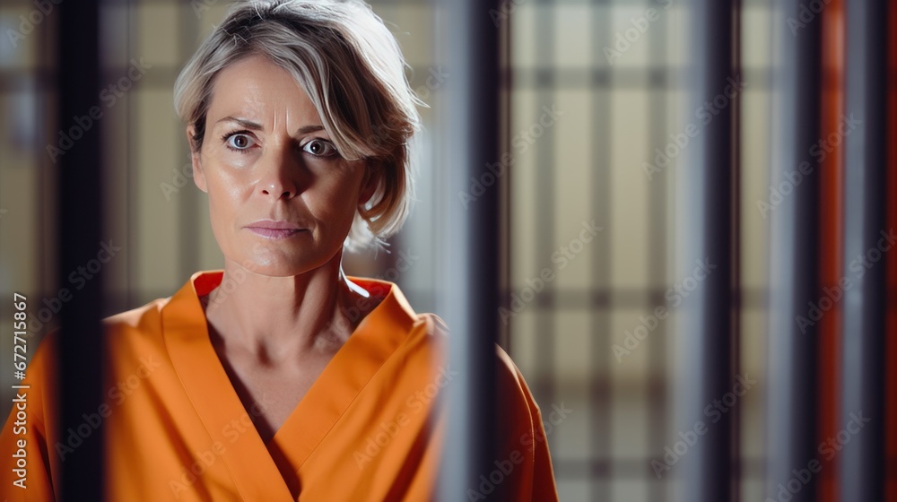Stock-Foto „Senior woman in prison uniform sits behind bars in dark ...