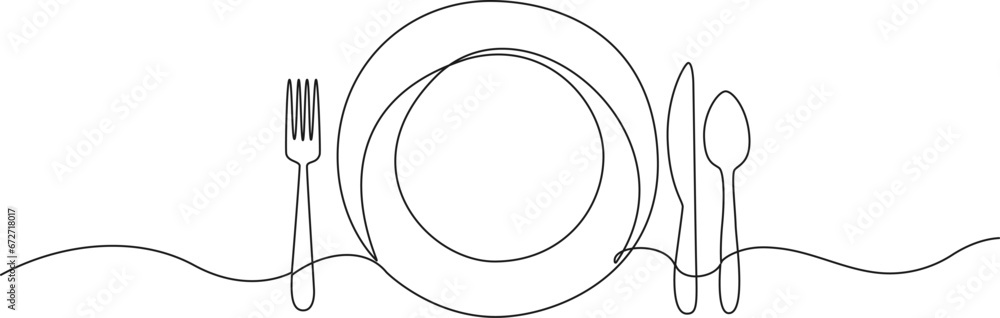 continuous single line drawing of dinner concept, plate with fork ...