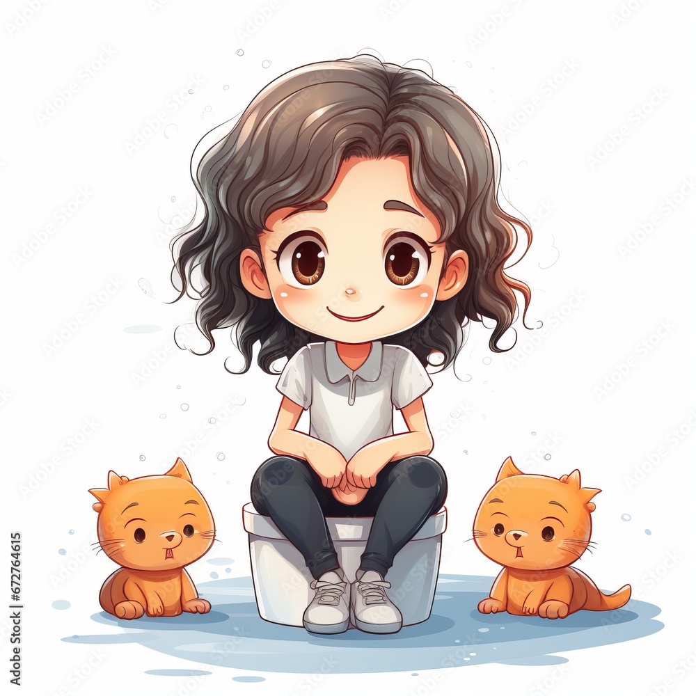 Cartoon girl in the restroom on the toilet with diarrhea and ...