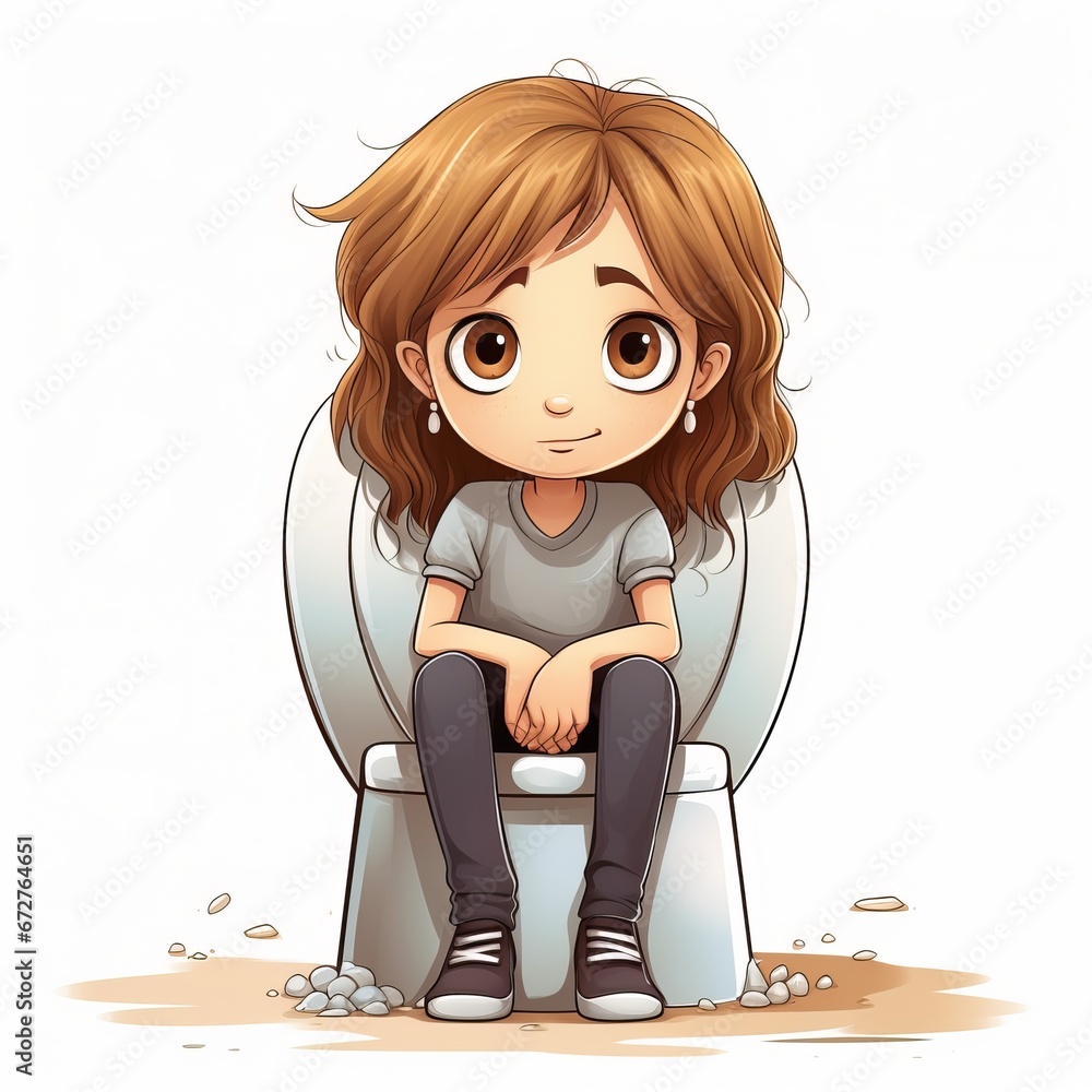 Cartoon girl in the restroom on the toilet with diarrhea and ...