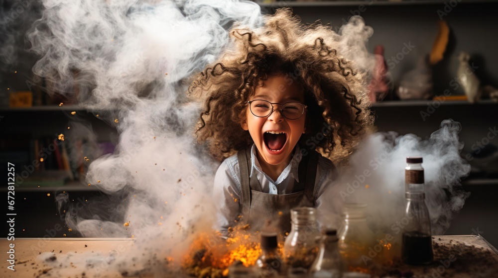 Funny children at laboratory for science test, Laughing for blast and ...