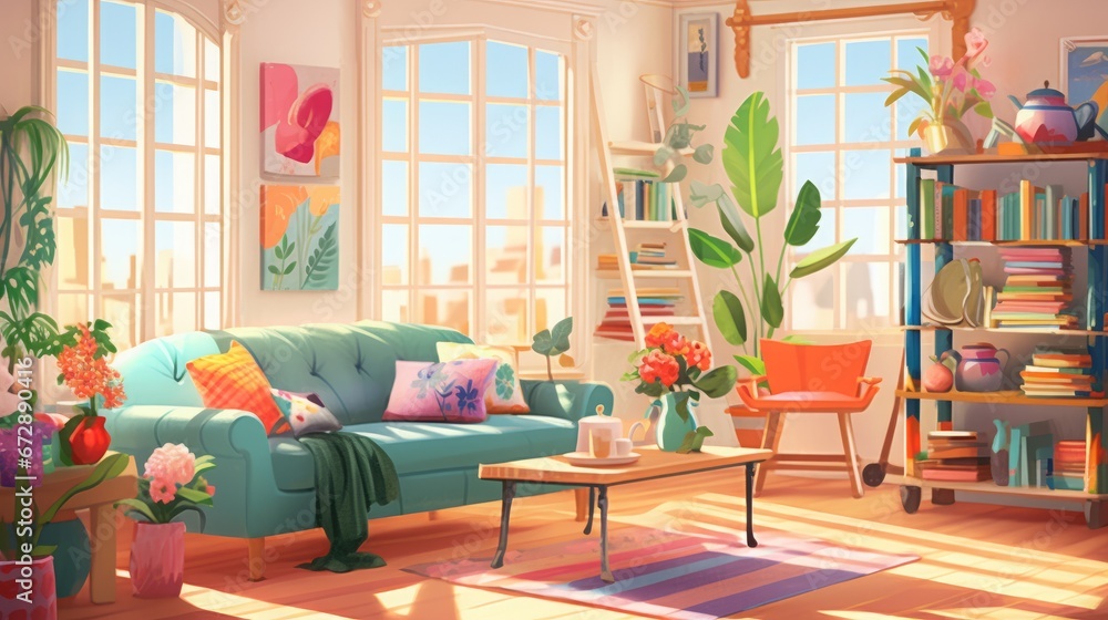 cartoon interior of a cozy apartment. Stock Illustration | Adobe Stock