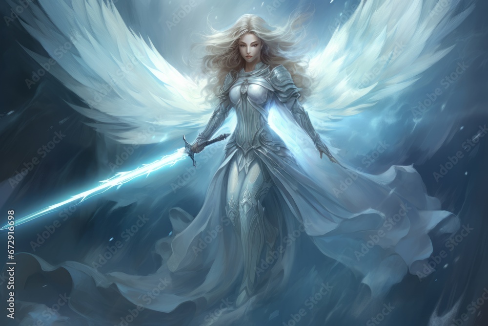 Celestial Avenger. Angelic Warrior in Gleaming Armor, Wielding Sword of ...