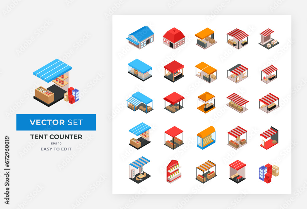 Market stall, tent counter isometric set elements. Vector collection ...