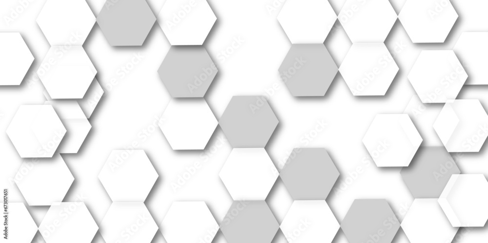 3D Futuristic honeycomb mosaic white background. Realistic geometric mesh cells texture ...