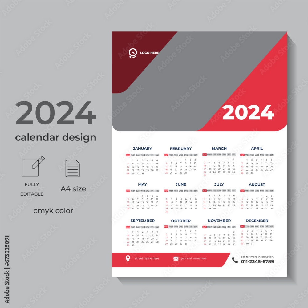 calendar 2024 with planner template , one page calendar design 2024 ...