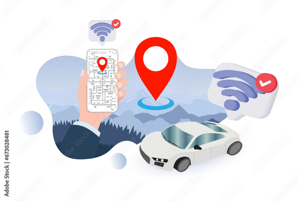 Hand holding a smartphone with an app for a remote connected car ...