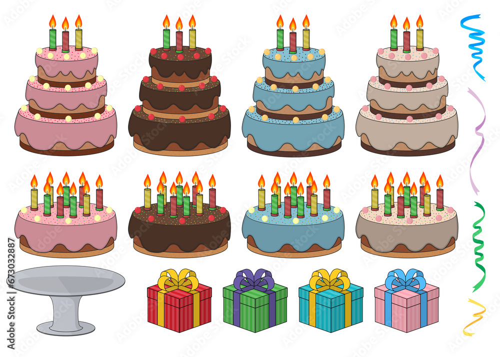 Cartoon style birthday cakes illustration set clip art with candles ...