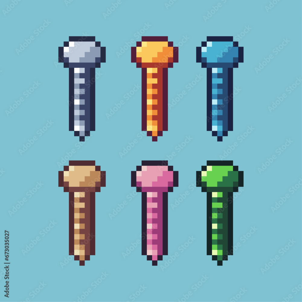 Pixel art sets of bolt with variation color item asset. Simple bits of bolt pixelated style ...