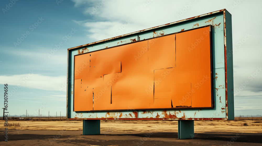 The billboard made from a steel frame is in old condition. Rust is ...
