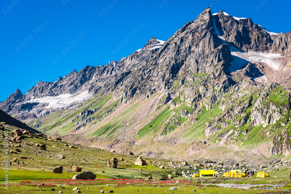 View enroute to Hampta pass hiking trail near 'shea goru' camp site in ...