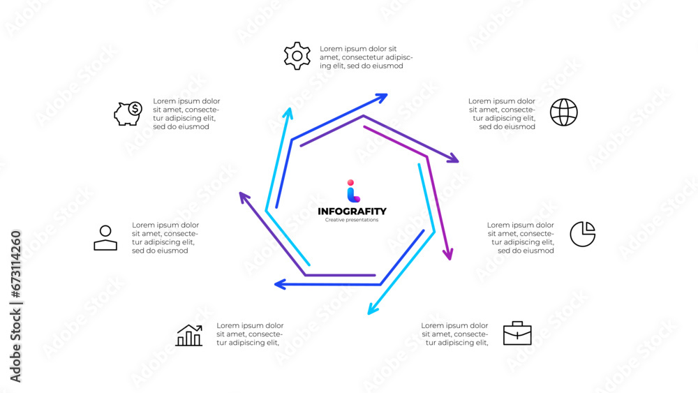 Vector outline heptagon infographic cycle diagram with 7 options, steps ...