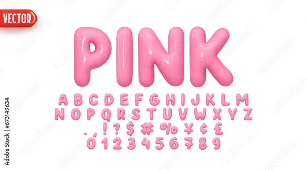 Pink Font realistic 3d design. Complete alphabet and numbers from 0 to ...