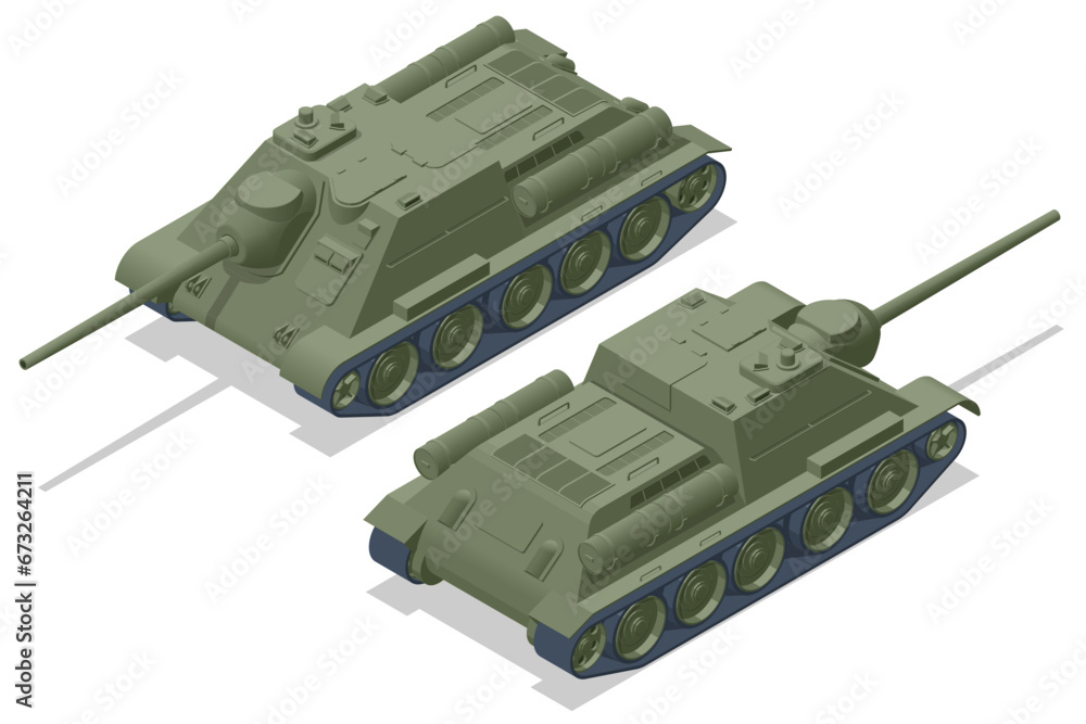 Isometric USSR Tank, tank destroyer SU-85. Armoured fighting vehicle ...