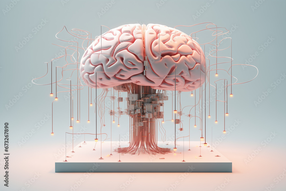 Human brain 3d model, circuit chip, quantum computer concept ...