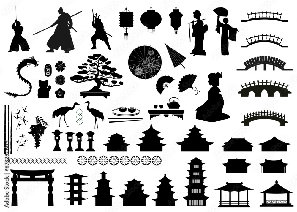 Silhouettes of japanese objects and asian culture, architecture, people ...