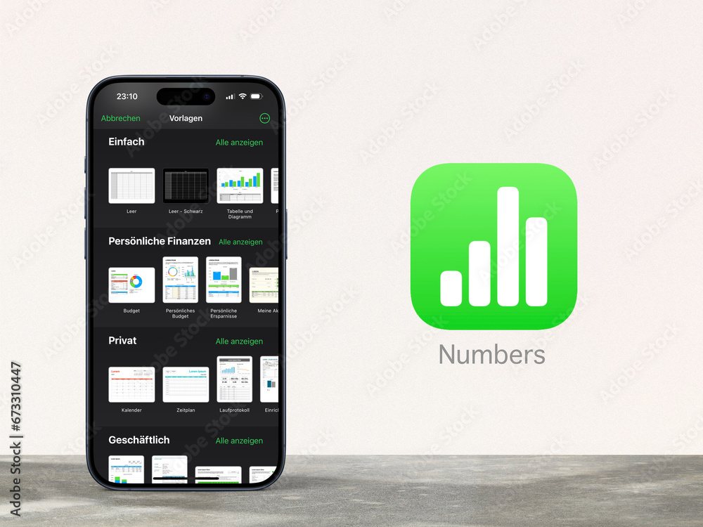 Die Numbers-App wird auf einem modernen Smartphone angezeigt, daneben ...