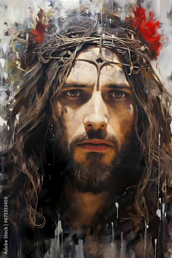 Realistic Jesus portrait wearing crown of thorns with red and grey ...