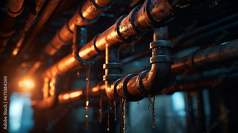 rusted copper pipe system, intricately tangled, aged patina, corrosion ...