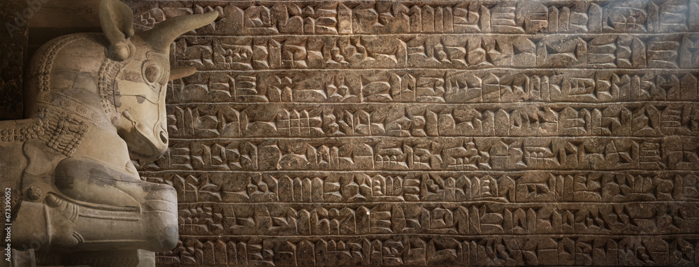 Ancient cuneiform Sumerian text and bull statue, a mythical Assyrian ...